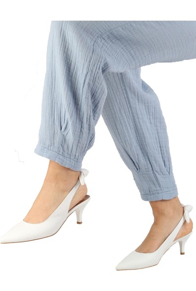 Modabuymus Beyaz Arkadan Fiyonklu Topuklu Stiletto Ayakkabı - Minipony