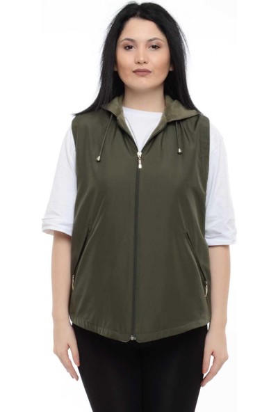 Vetre Kadın Kapüşonlu Polarlı Yelek Haki Büyük Beden 1026 Vetre Kadın Kapüşonlu Polarlı Yelek Haki Büyük Beden 1026