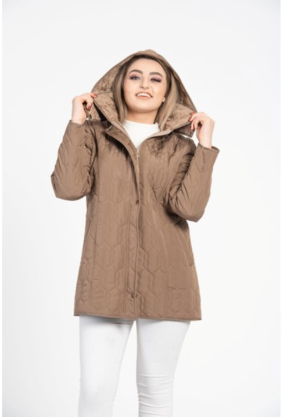 Vetre Kadın Kapitone Mont (75 Cm) Vizon Büyük Beden 1014 Vetre Kadın Kapitone Mont (75 Cm) Vizon Büyük Beden 1014