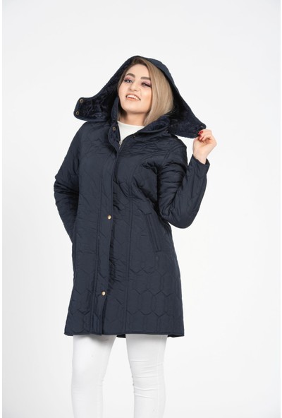 Vetre Kadın Kapitone Mont (95 Cm) Lacivert Büyük Beden 1016
