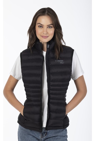 1001 Mont Kadın Siyah Kısa Dik Yaka Kapüşonsuz Dolgulu Su Itici Termal Astarlı Şişme Yelek 8572