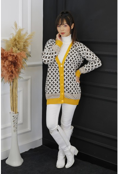 İmaj Butik Kare Desenli Triko Hırka/hardal