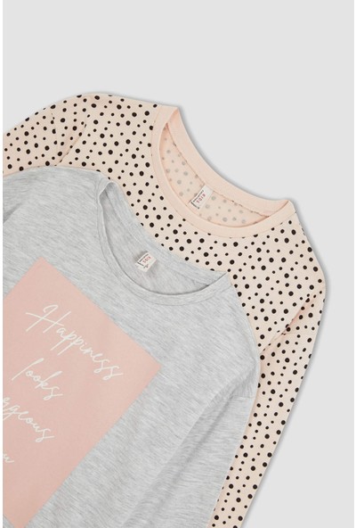 DeFacto Kız Çocuk Regular Fit  Bisiklet Yaka Puantiyeli 2'li Uzun Kollu Tişört V8775A621WN