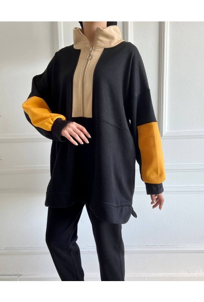 Marina Kadın Siyah Oversize Dik Yaka Fermuarlı Tesettür Alt-Üst Takım E21P7332