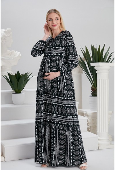 Görsin Hamile Görsin Desenli Yaka Detaylı Hamile Elbise