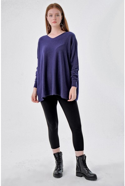 Pua Fashion Mor V Yaka Yanı Yırtmaçlı Triko Bluz