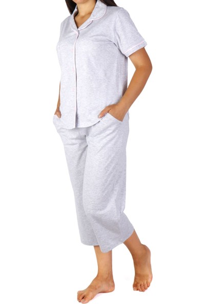 Gri Kadın Pijama Takımı Kısa Kollu Düğmeli Pamuk Likralı