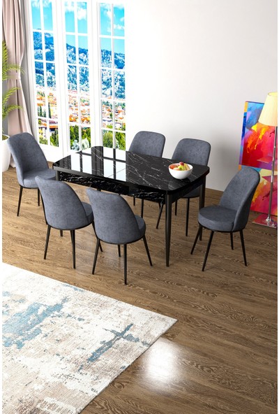 Canisa Concept Canisa Zen Serisi Açılabilir Mdf Siyah Mermer Desen Mutfak Masa Takımı+6 Adet Sandalye (80 x 132 Cm) Canisa Concept Canisa Zen Serisi Açılabilir Mdf Siyah Mermer Desen Mutfak Masa Takımı+6 Adet Sandalye (80 x 132 Cm)