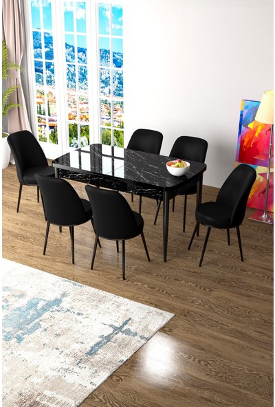 Canisa Concept Canisa Zen Serisi Açılabilir Mdf Siyah Mermer Desen Mutfak Masa Takımı+6 Adet Sandalye (80 x 132 Cm) Canisa Concept Canisa Zen Serisi Açılabilir Mdf Siyah Mermer Desen Mutfak Masa Takımı+6 Adet Sandalye (80 x 132 Cm)
