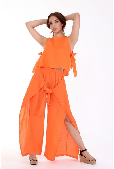 Pua Fashion Orange Yırtmaçlı Keten Pantolon