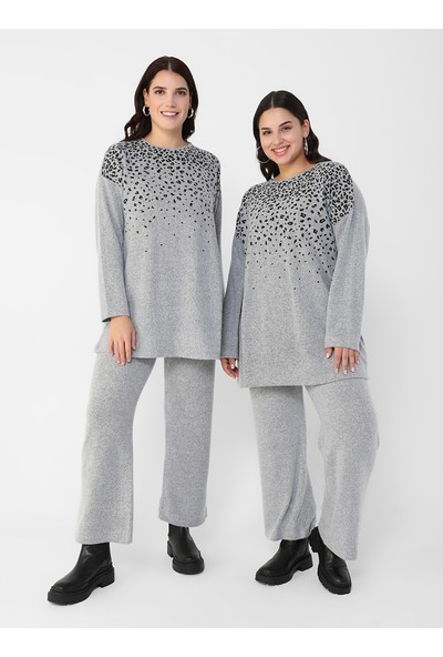 Alia Büyük Beden Leopar Desenli Elyaf Tunik - Gri - Alia