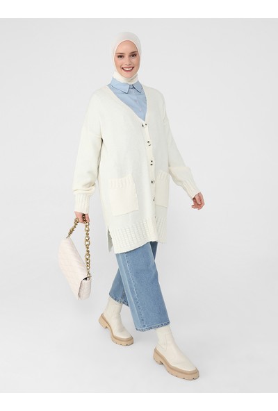 Refka Saç Örgü Detaylı Triko Hırka - Kemik - Refka Casual