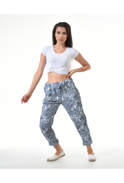 Pua Fashion Mavi Yanı Simli Kamuflaj Pantolon