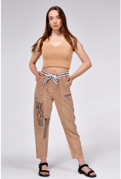 Pua Fashion Camel Paça Yazılı Keten Pantolon