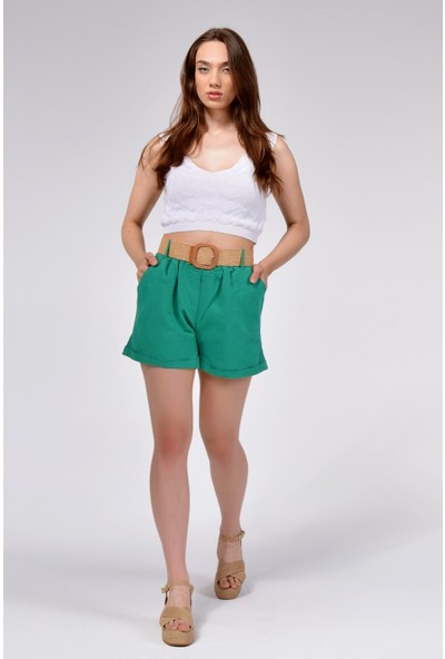 Pua Fashion Yeşil Kemerli Keten Şort