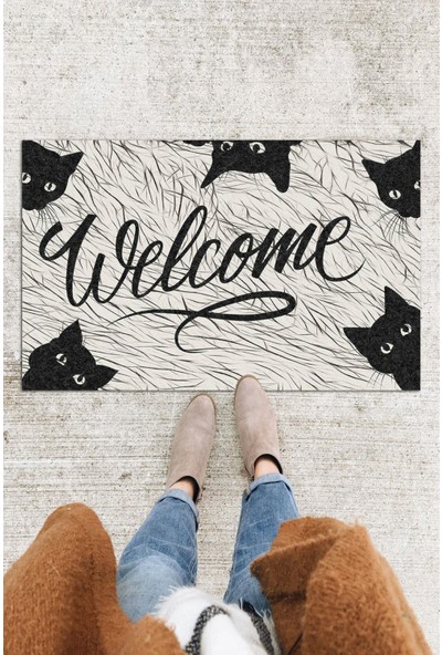 Buket Home Siyah Kedili Kapı Önü Paspası Dekoratif Kapı Paspası Dış Mekân Paspas Ev Içi Paspası 45X70CM