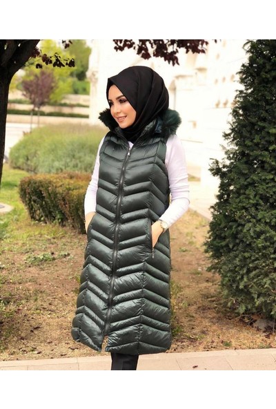 Modatalika Kadın Kürklü Kapüşonlu Cepli Uzun Şişme Yelek