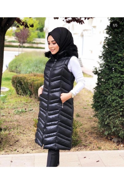 Modatalika Kadın Kürklü Kapüşonlu Cepli Uzun Şişme Yelek