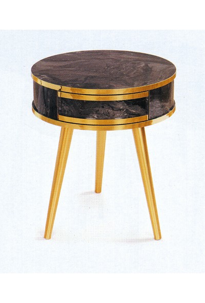 Dikmir Mobilya Siyah Mermer, Gold Ayaklı Fiskos Sehpa, Yuvarlak, Çekmeceli Orta Sehpa