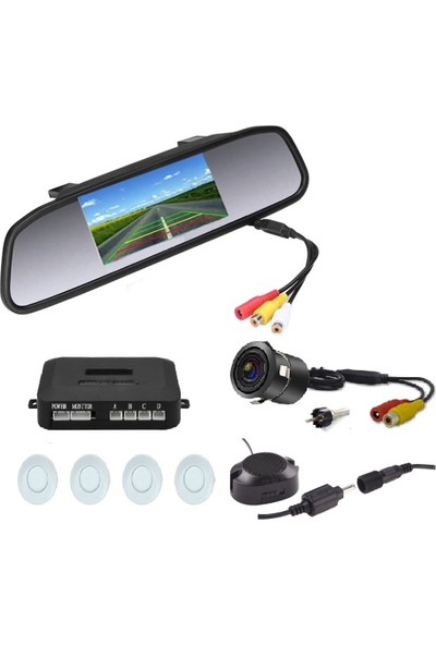 MFK Kameralı Park Sensörü 4.3 '' Ayna Ekranlı Beyaz Sensör Full Set