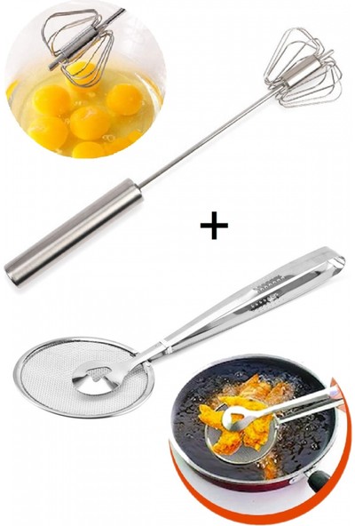 Mallame Süzgeçli Maşalı Kevgir Çelik Patates Kızartma Yağ Süzgeci + Basmalı Çelik Yumurta Çırpıcısı Tel