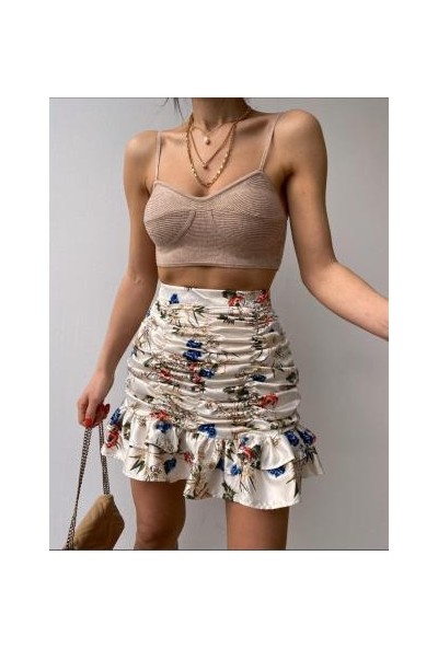 Man10ya Ekru Drapeli Saten Etek