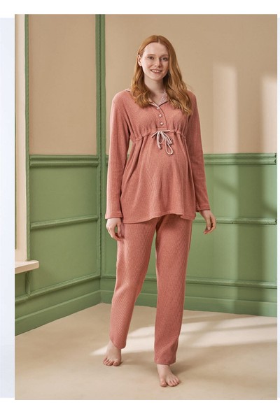 Feyza Pijama Feyza Çizgili Yaka Emzirme Özellikli Lohusa Pijama