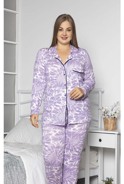 Büyük Beden Düğmeli Cepli Maskülen Lila Pijama Takımı