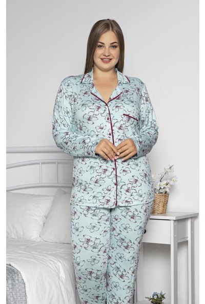 Büyük Beden Zambak Baskılı Düğmeli Cepli Maskülen Yeşil Pijama Takımı