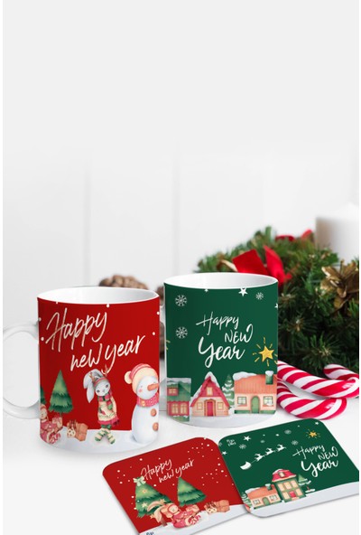 Flipped Yılbaşı Happy New Year Bardak Altlıklı Tasarım Ikili Kupa Seti Flipped Yılbaşı Happy New Year Bardak Altlıklı Tasarım Ikili Kupa Seti