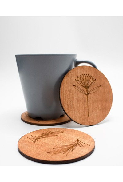 Kusva Ahşap 6'lı Bardak Altlığı - Çiçek