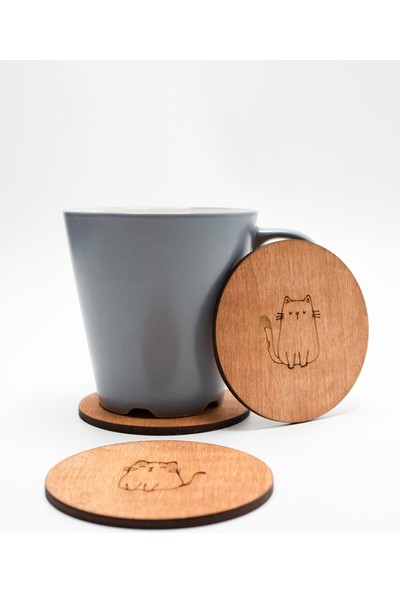 Kusva Ahşap 6'lı Bardak Altlığı - Kedi