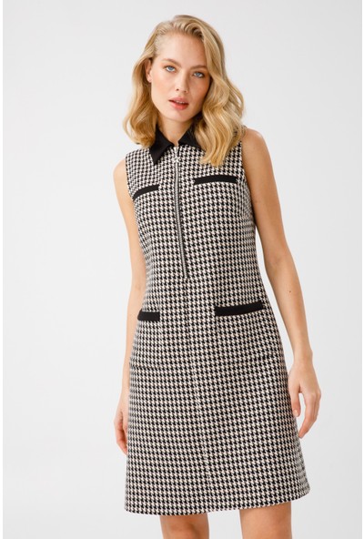 Ekol Kadın Yakalı Kazayağı Desenli Elbise 6051019 Siyah