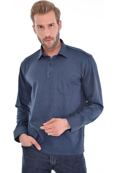 Çizgi Triko Erkek Gömlek Yaka Kol Manşetli Cepli Sweat