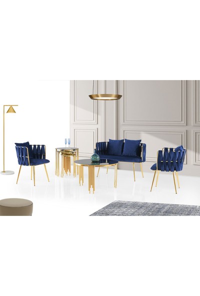Zeytun Metal Çay Seti Koltuk Takımı Gold Ayak Mavi Kumaş