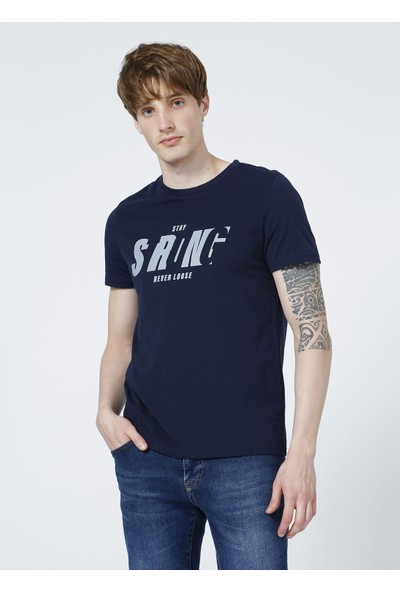 Limon Bisiklet Yaka Lacivert Baskılı T-Shirt