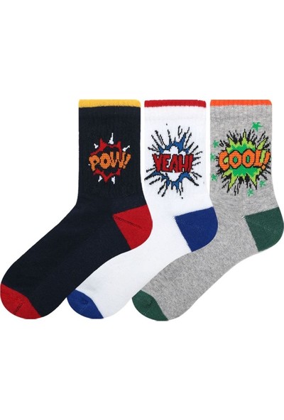 Semoor 3'lü Slogan Desenli Erkek Çocuk Yarım Havlu Çorabı