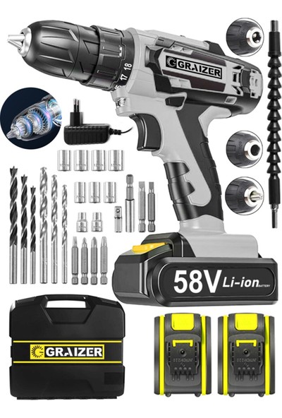 Graizer V-Tec 58 V 5 Ah Çelik Motor Çelik Şanzuman Darbeli Şarjlı Çift Akülü Vidalama Matkap Beyaz Graizer V-Tec 58 V 5 Ah Çelik Motor Çelik Şanzuman Darbeli Şarjlı Çift Akülü Vidalama Matkap Beyaz
