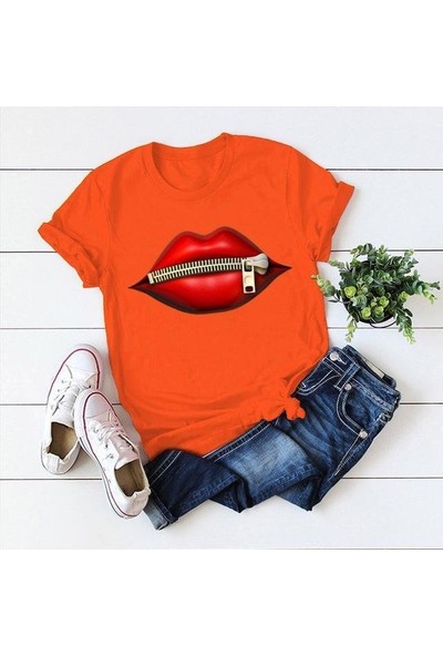 Rengamoda Dudak Baskılı Pamuklu Süprem Kumaş TIŞÖRT65 cm