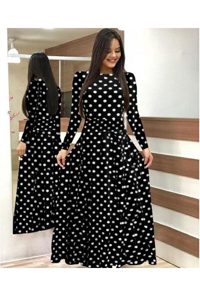 Rengamoda Krep Kumaş Uzun Kollu Tam Boy Puantiyeli Elbise 132 cm