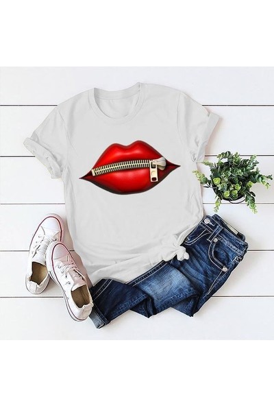 Rengamoda Dudak Baskılı Pamuklu Süprem Kumaş TIŞÖRT65 cm