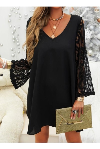 Rengamoda Kolu Tüllü V Yaka Janes Sandy Kumaş Elbise