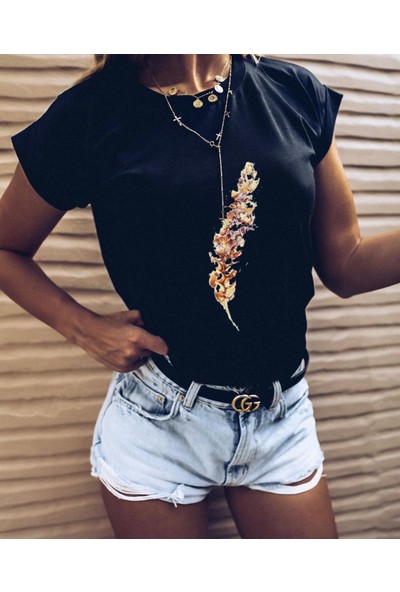 Rengamoda Kuş Tüyü Desenli Suprem Kumaş Tshirt 55CM