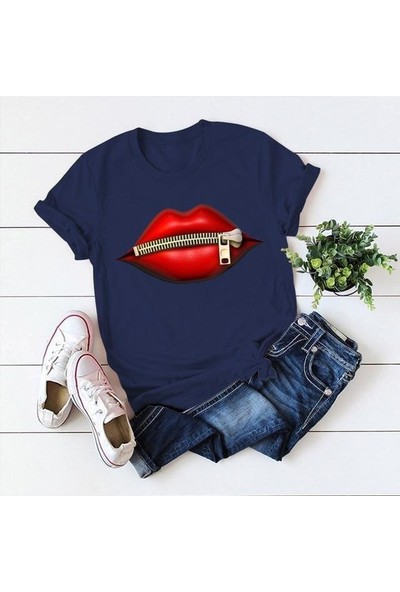 Rengamoda Dudak Baskılı Pamuklu Süprem Kumaş Tişört 65 cm