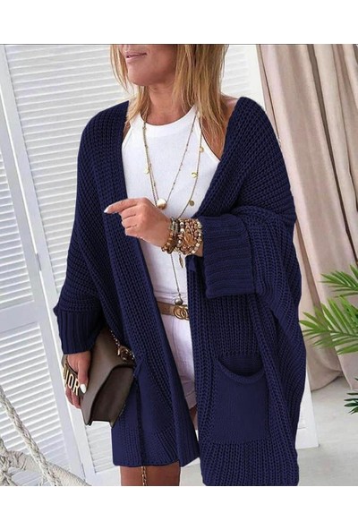 Rengamoda Oversize Kalıp Cepli Salaş Triko Hırka 82 cm