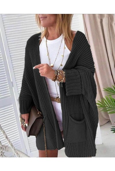 Rengamoda Oversize Kalıp Cepli Salaş Triko Hırka 82 cm