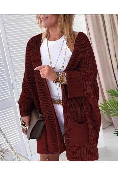 Rengamoda Oversize Kalıp Cepli Salaş Triko Hırka 82 cm