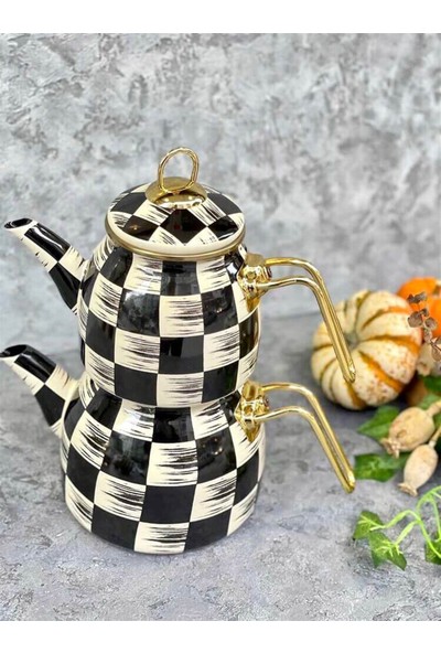 Oms Damalı Emaye Çaydanlık