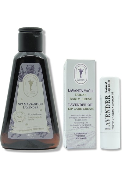 Gallipoli Lavender Lavanta Rahatlatıcı Masaj Yağı Terapi Yağ 150ML +Lavanta Yağlı Dudak Bakım Kremi Gallipoli Lavender Lavanta Rahatlatıcı Masaj Yağı Terapi Yağ 150ML +Lavanta Yağlı Dudak Bakım Kremi