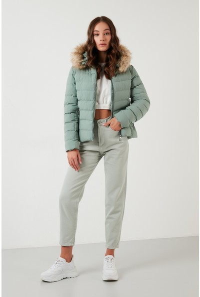 Lela Tüylü Kapüşonlu Cepli Şişme Mont Kadın Mont 497AURA